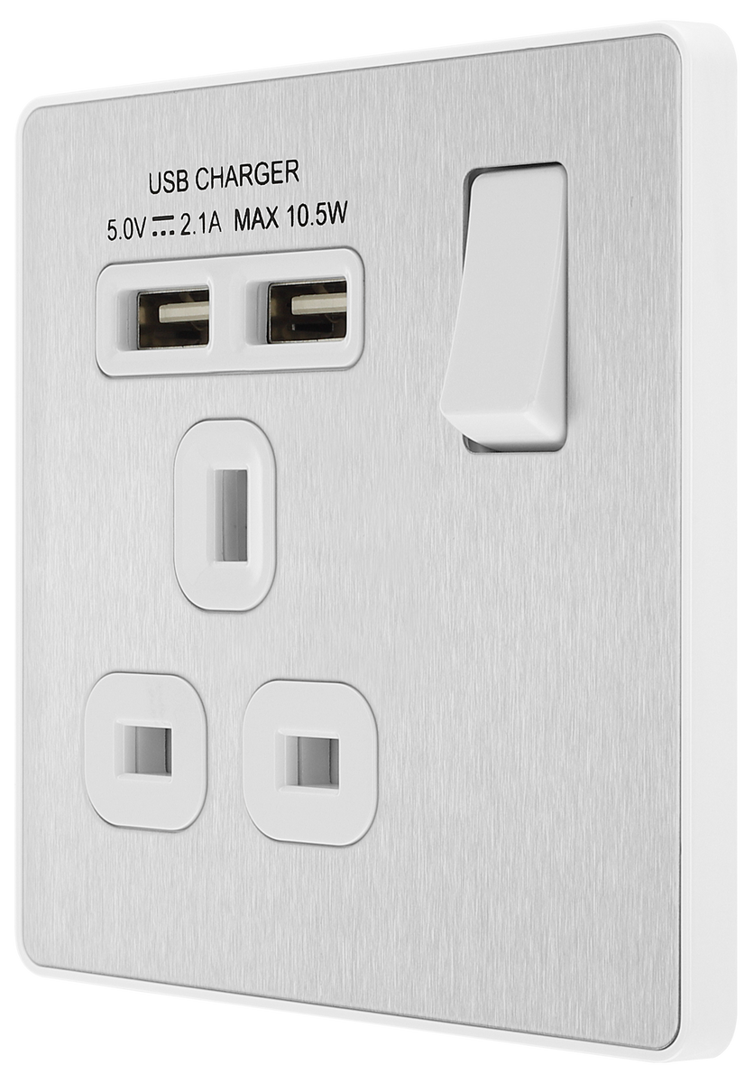 BG PCDBS21U2W Brushed Steel Evolve 1 Gang 13A 2x USB-A 2.1A Switched ...