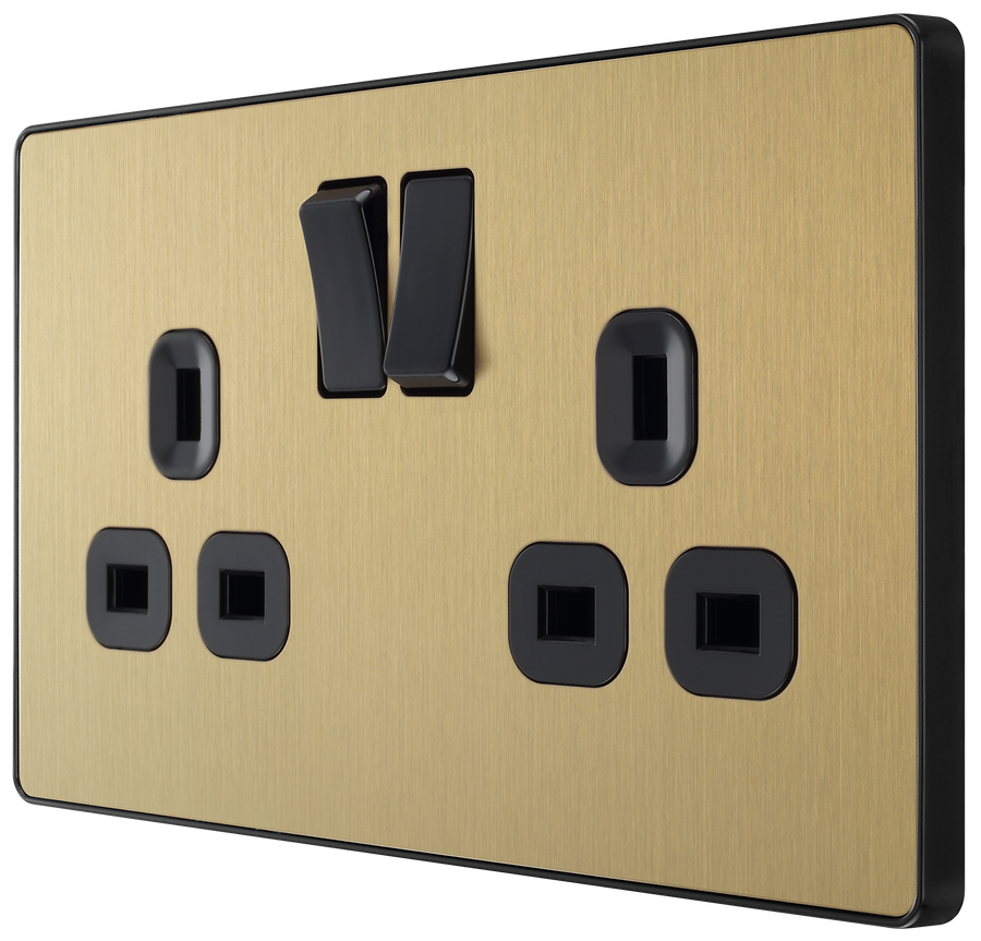 BG Evolve PCDSB22B Satin Brass 2 Gang 13A Switched Socket-Black Insert ...