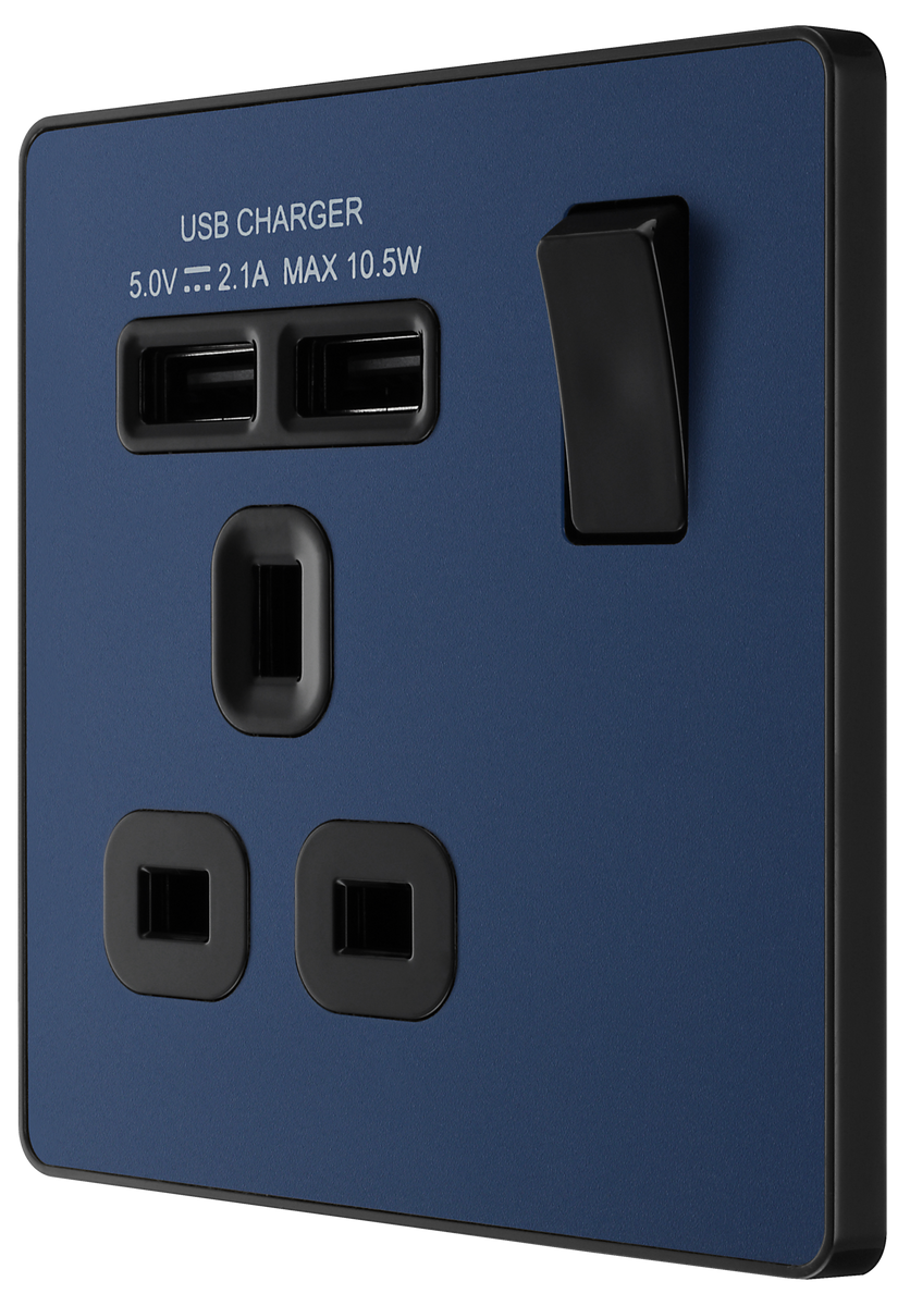 BG PCDDB21U2B Matt Blue Evolve 1 Gang 13A 2x USB-A 2.1A Switched Socket ...