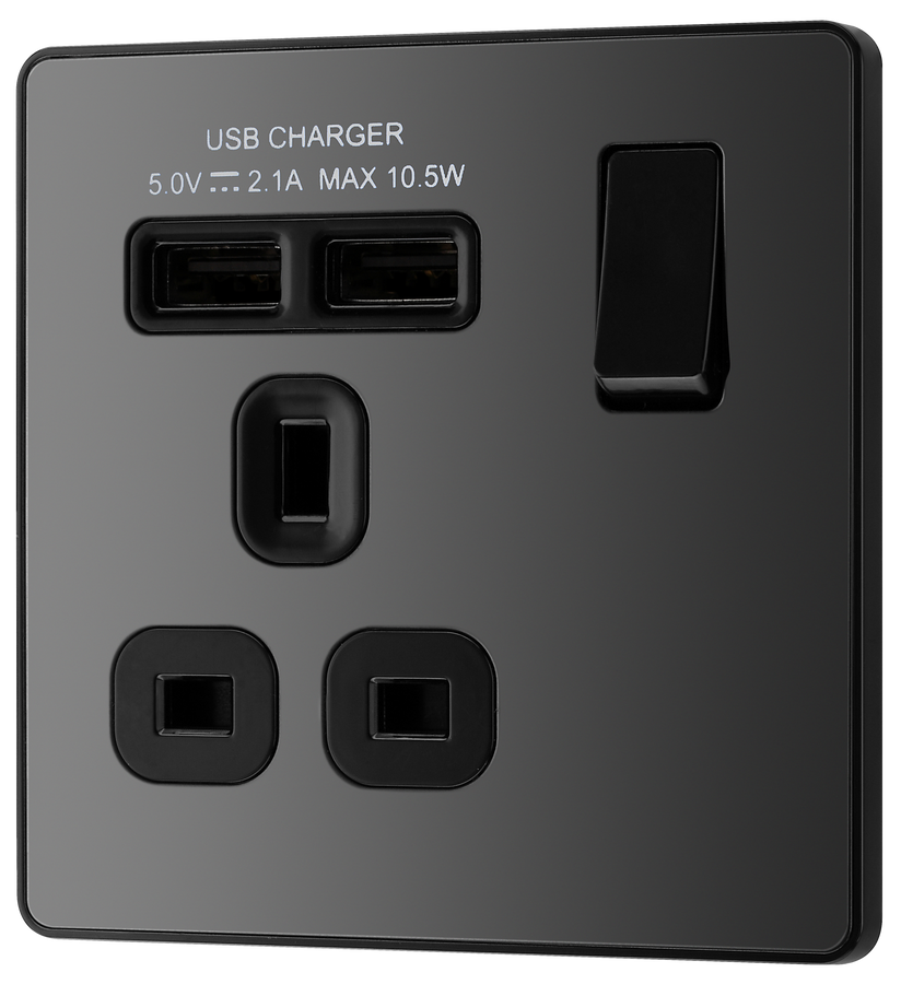 BG PCDBC21U2B Black Chrome Evolve 1 Gang 13A 2x USB-A 2.1A Switched ...