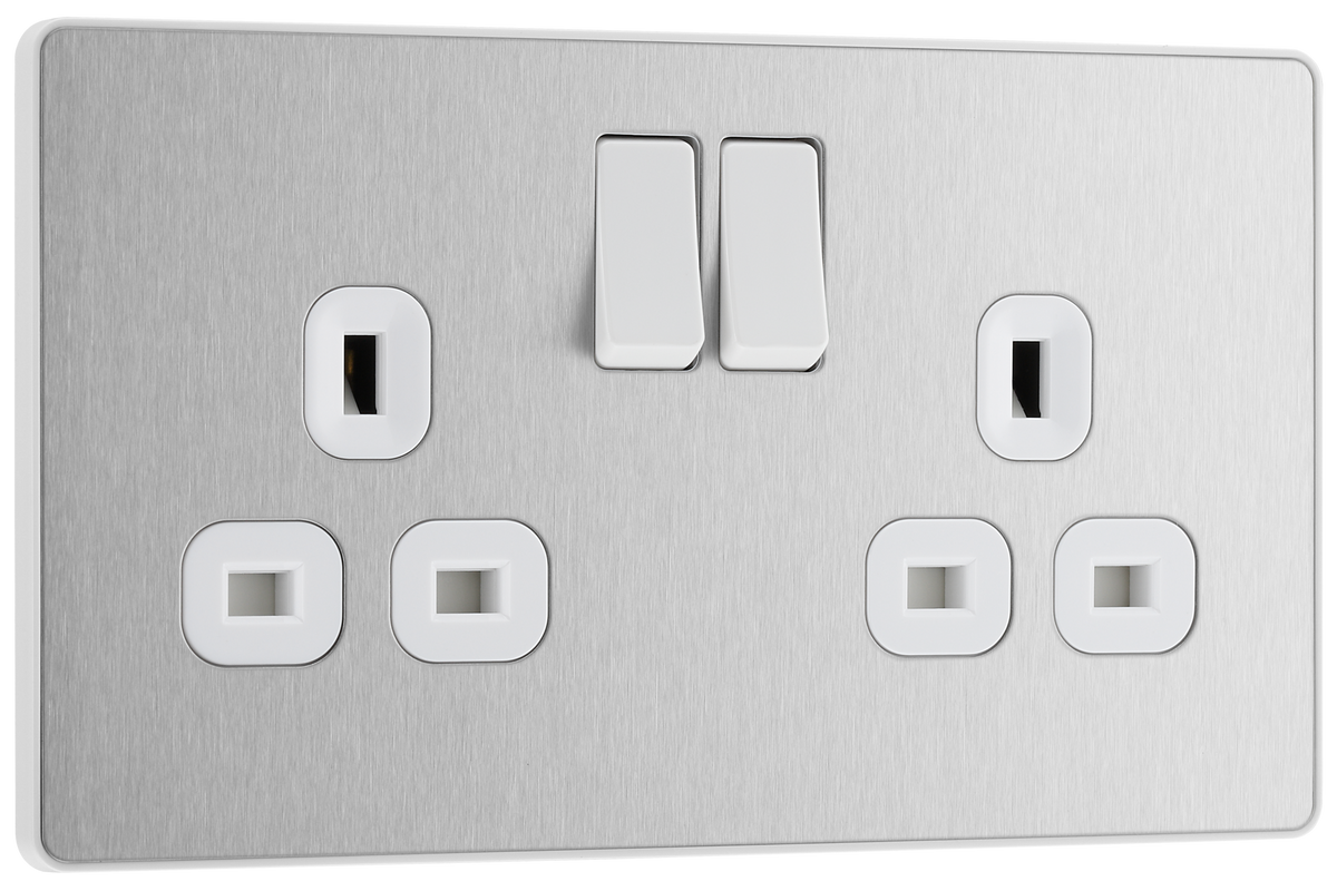 BG PCDBS22W Brushed Steel Evolve 2 Gang 13A Switched Socket Outlet ...