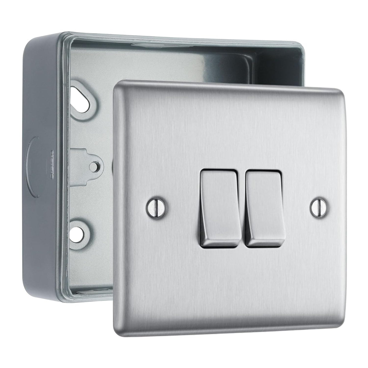 Brushed Steel 20A 16AX 2 Gang Double Light Switch & Surface Pattress ...