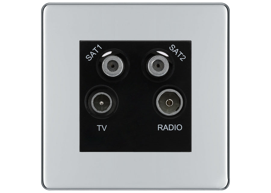 BG Screwless Polished Chrome TV/FM/2x SAT Quadplex Socket – Black Insert – The Electrical Outlets