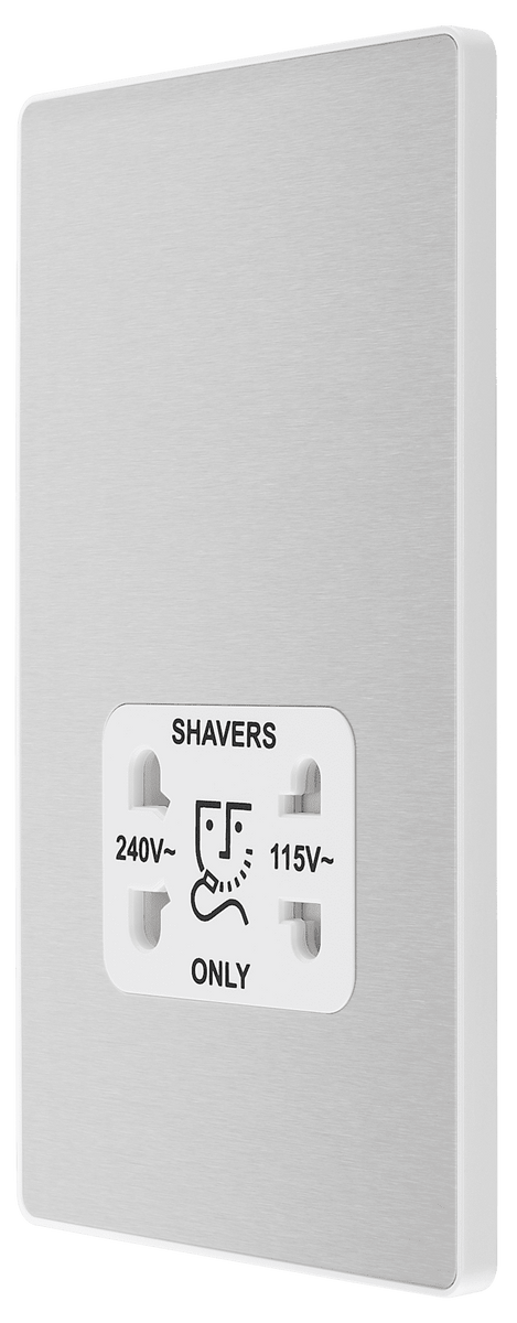BG PCDBS20W Brushed Steel Evolve 115-240V Dual Voltage Shaver Socket ...