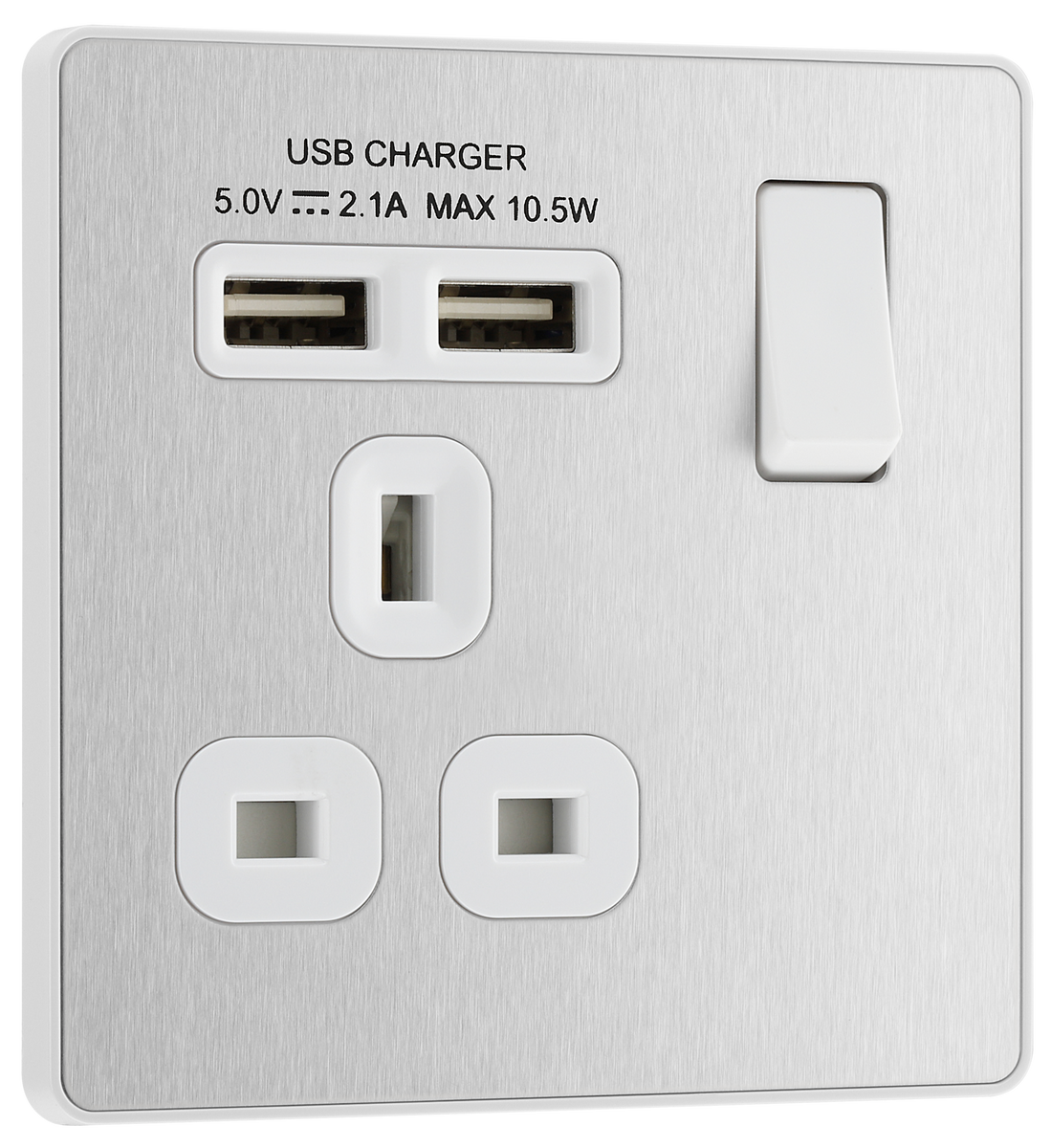 BG PCDBS21U2W Brushed Steel Evolve 1 Gang 13A 2x USB-A 2.1A Switched ...